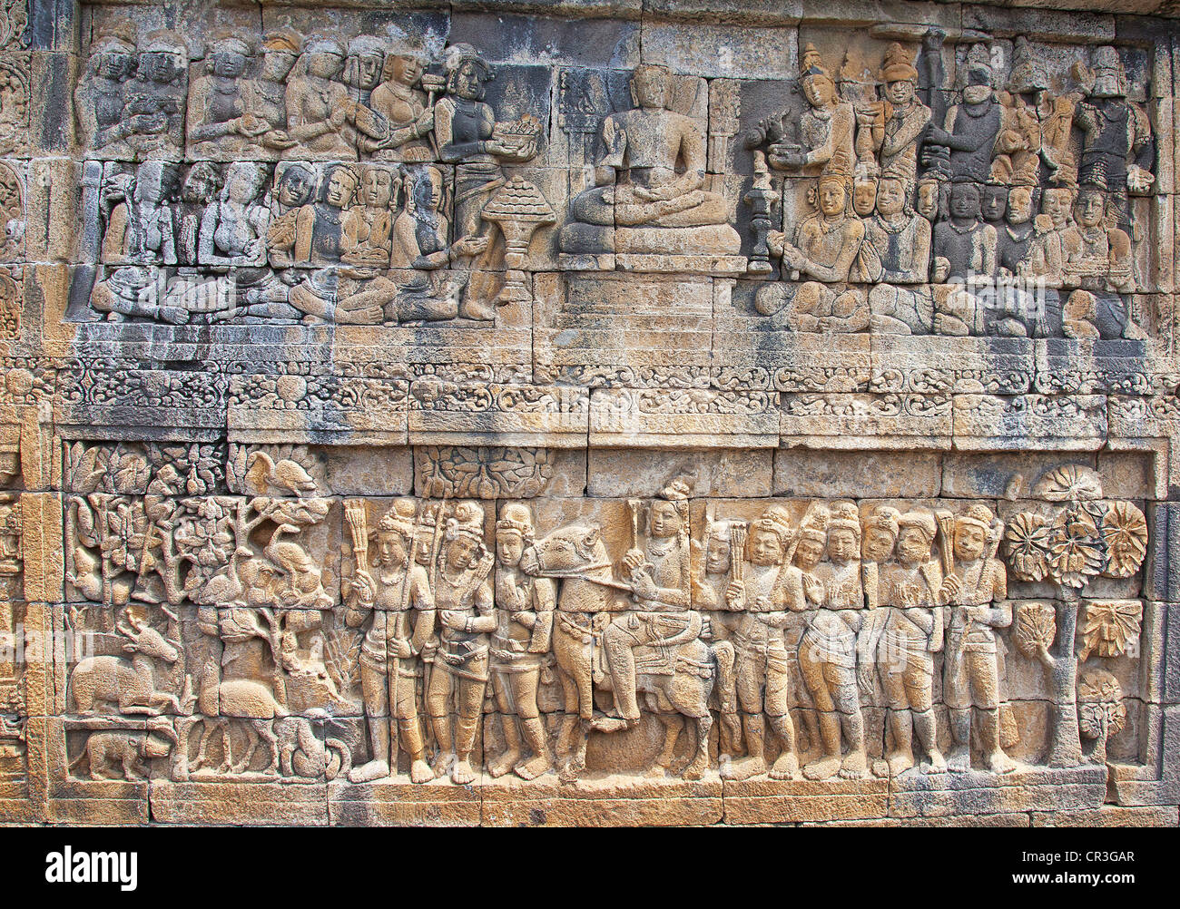 Stone carving in the Borobudur temple near Yogyakarta on Java island ...