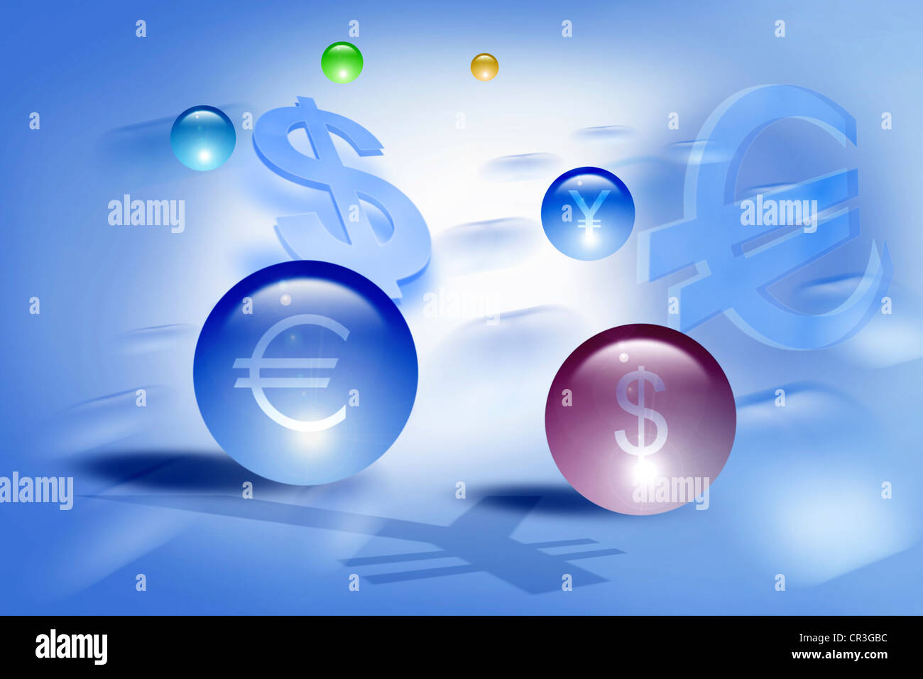 Crystal balls, currency signs for euro, Dollar, Yen, Illustration Stock ...