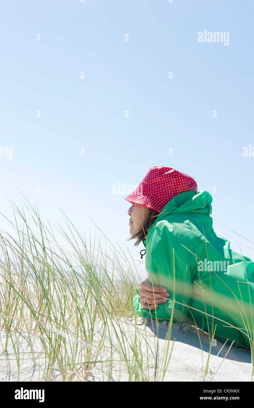 Woman in the sand dunes, Sylt, Schleswig-Holstein, Germany, Europe ...