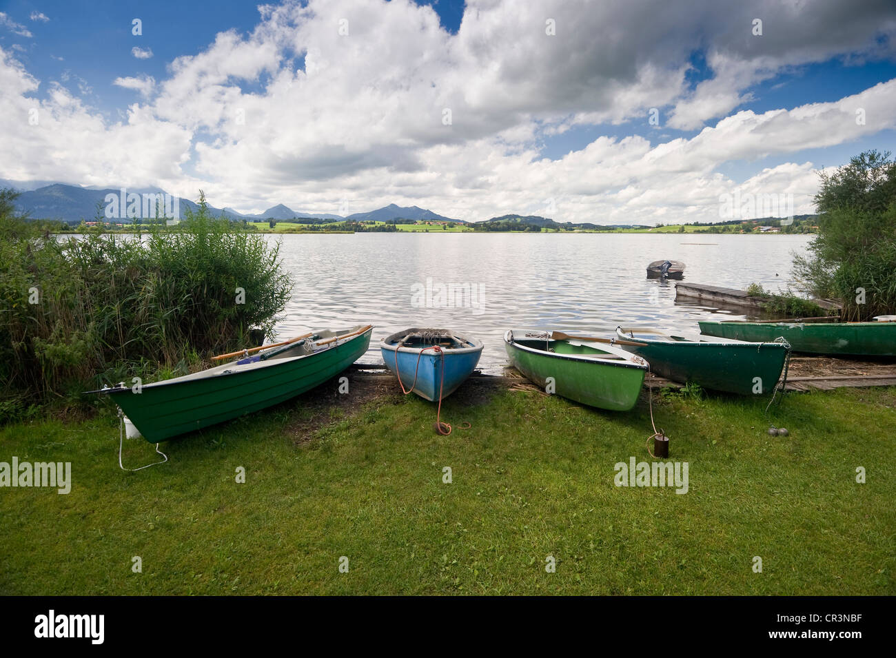 Boats at Hopfensee Lake near Fuessen, Allgaeu, Bavaria, Germany, Europe ...