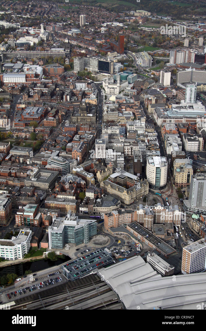 aerial view of Leeds with Leeds City Station, Park Row, East Parade ...