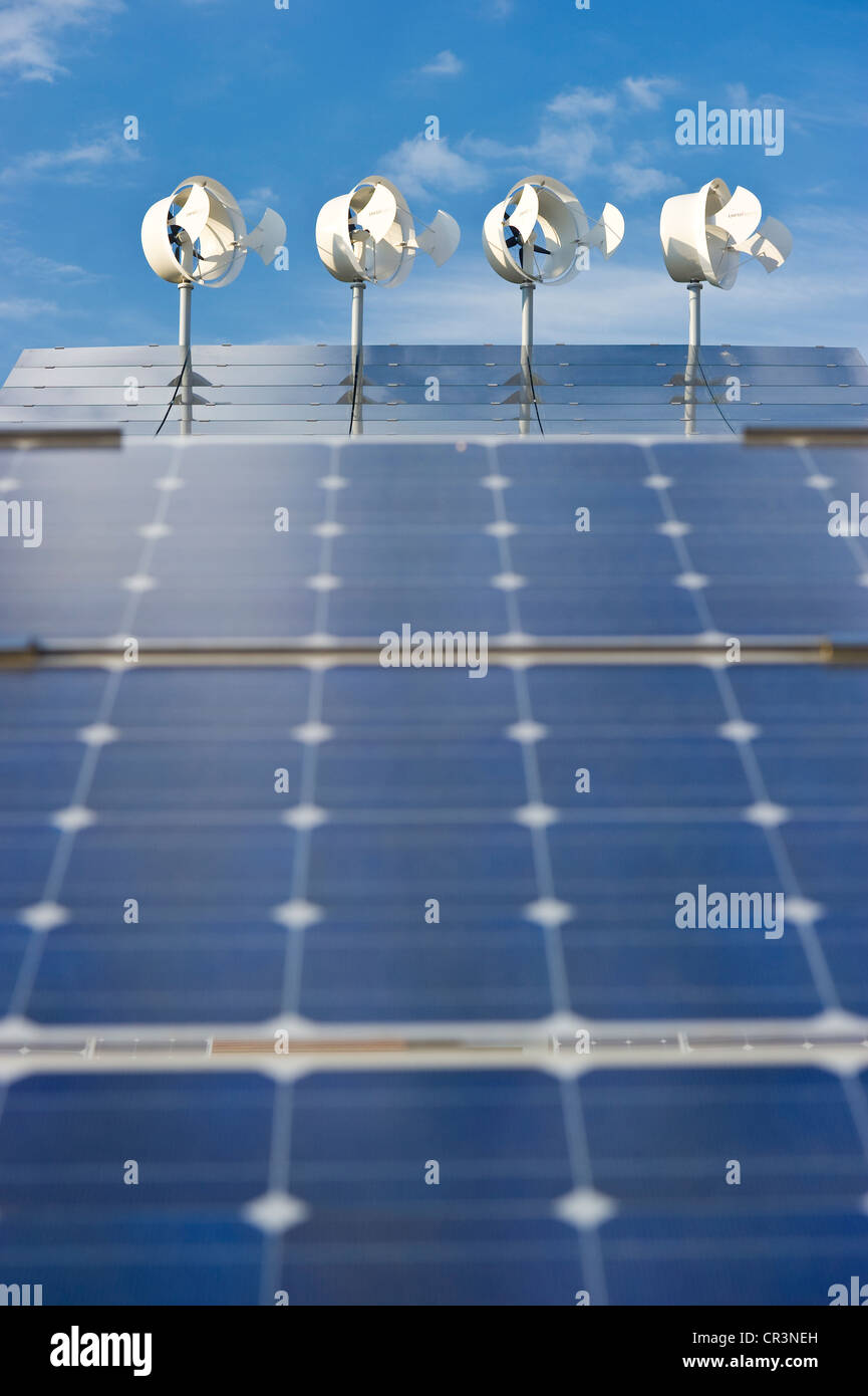 Small wind turbines and solar panels on the roof of the Hotel Victoria ...