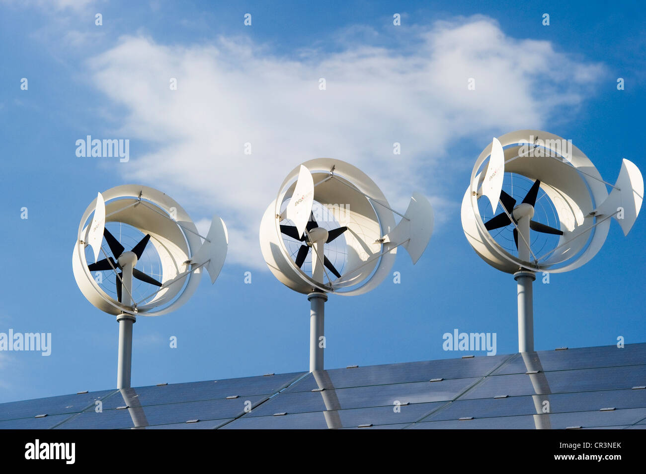 Small wind turbines and solar panels on the roof of the Hotel Victoria ...