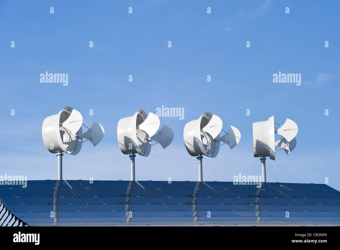 Small wind turbines and solar panels on the roof of the Hotel Victoria ...