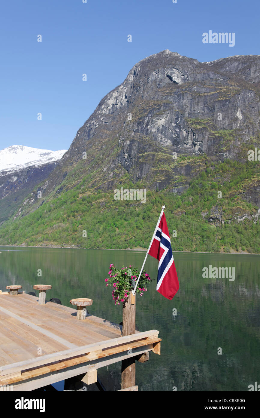 Norwegian flag, lake Oldevatnet, Briksdalen, Norway, Scandinavia ...