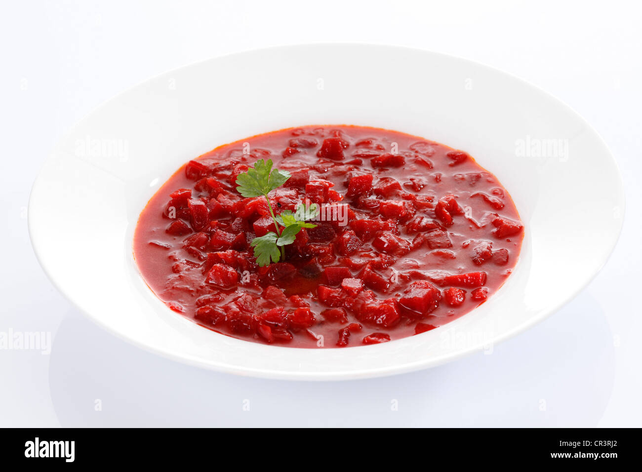 Borscht, Russian, Ukrainian stew from a can, on a white plate Stock ...