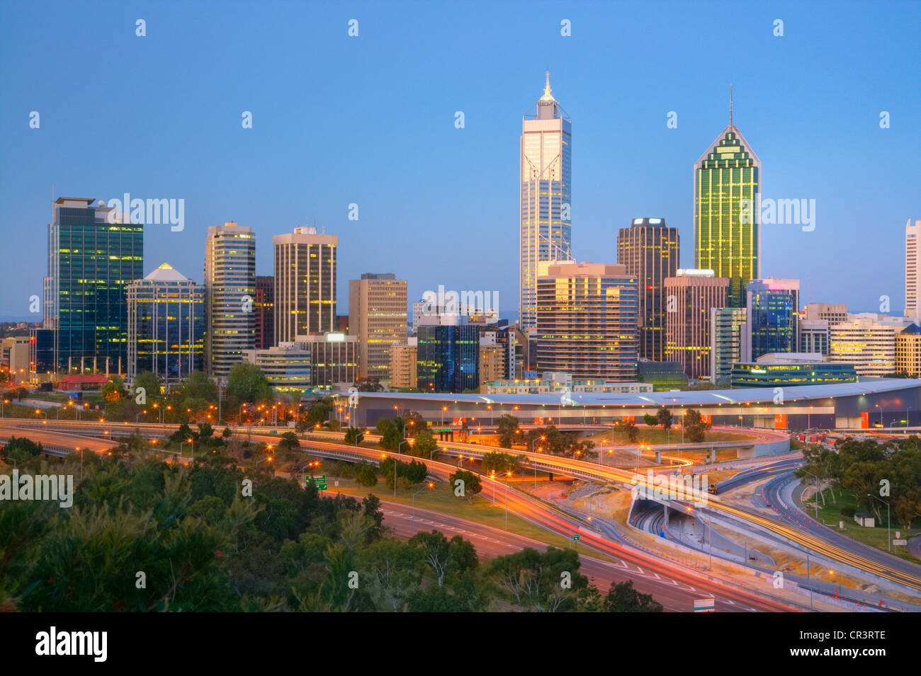 Perth, capital city of Western Australia, the skyline illuminated at ...