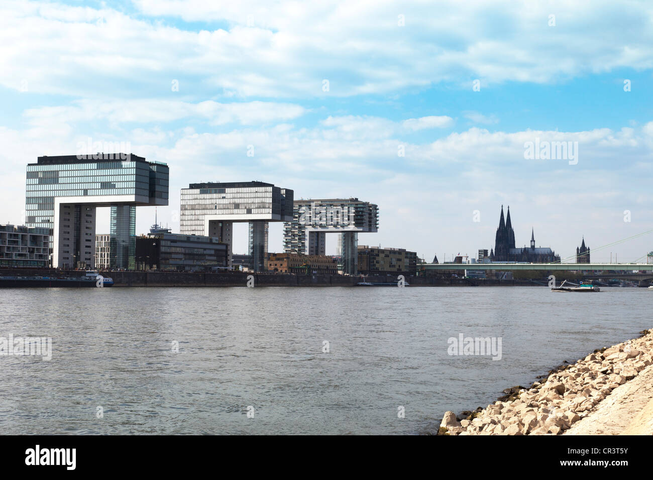 View of the left bank of the Rhine with crane houses at Rheinauhafen ...
