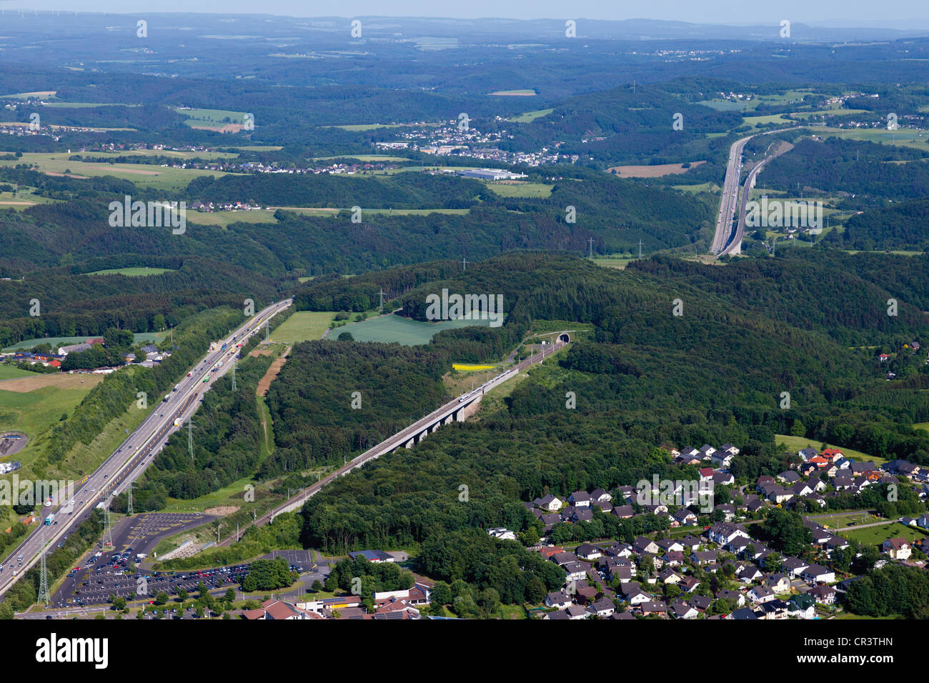 Aerial view, freeway A3 and Cologne–Frankfurt high-speed rail line ...