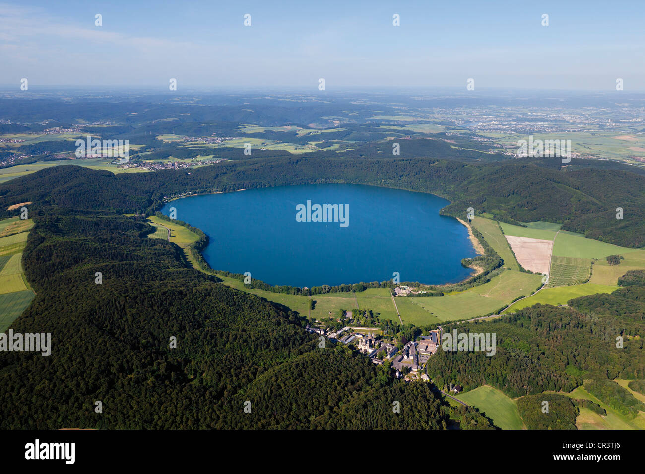 Aerial view of Maria Laach Abbey, Laacher See, Laach Lake, Vulkaneifel ...