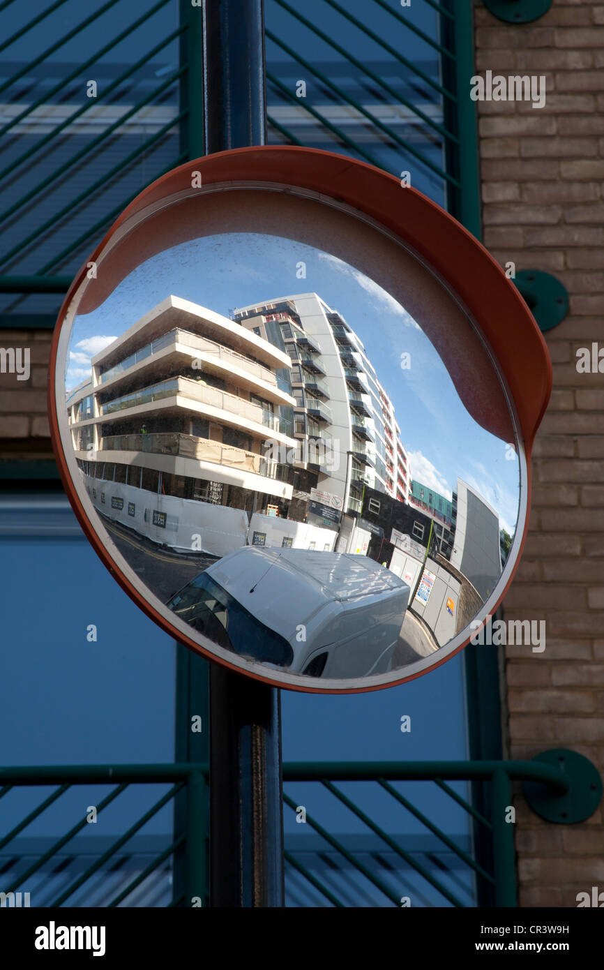 London street reflected in a round traffic mirror London, England UK ...