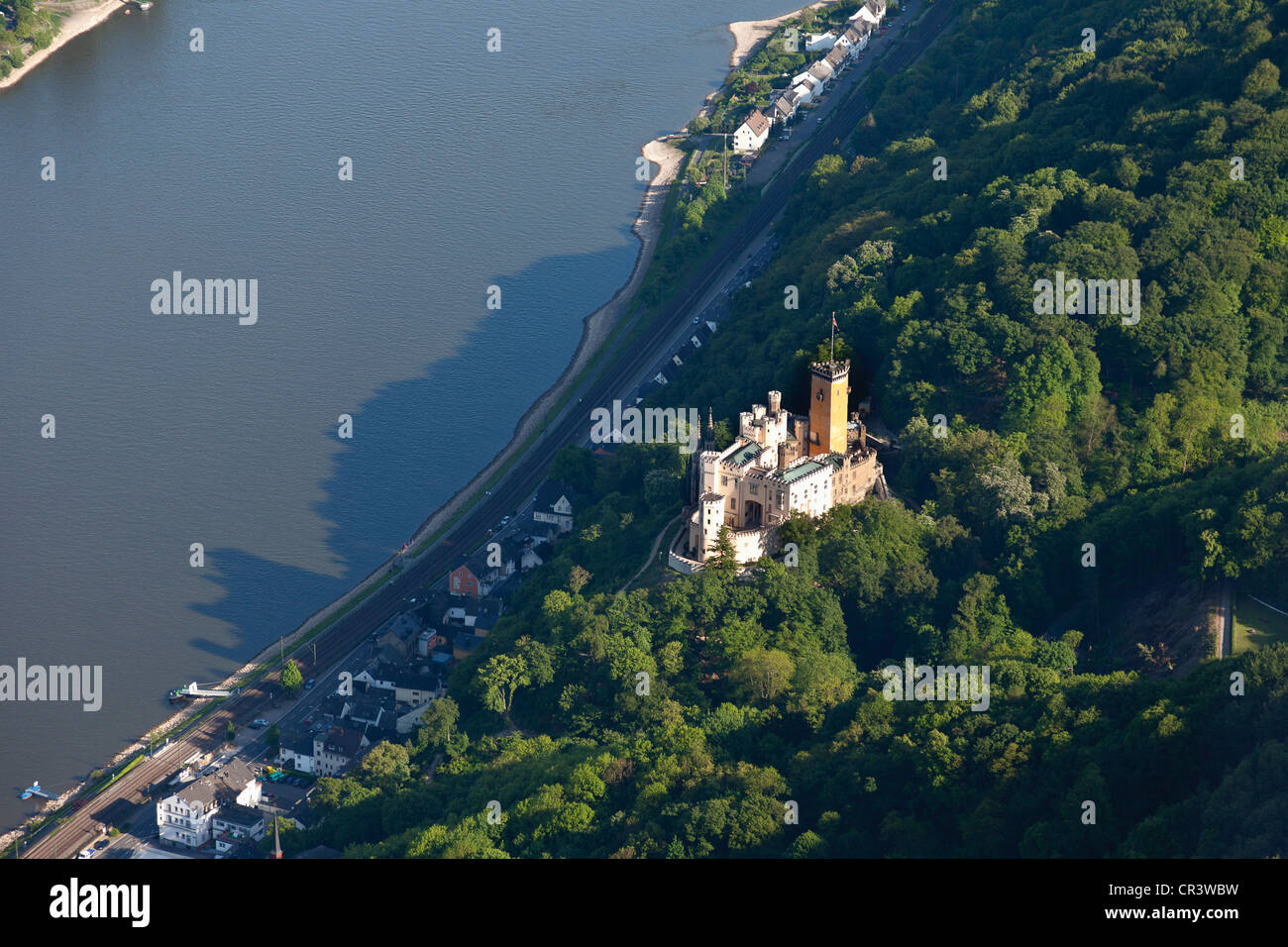 Aerial view, Schloss Stolzenfels Castle, Koblenz on the Rhine River ...
