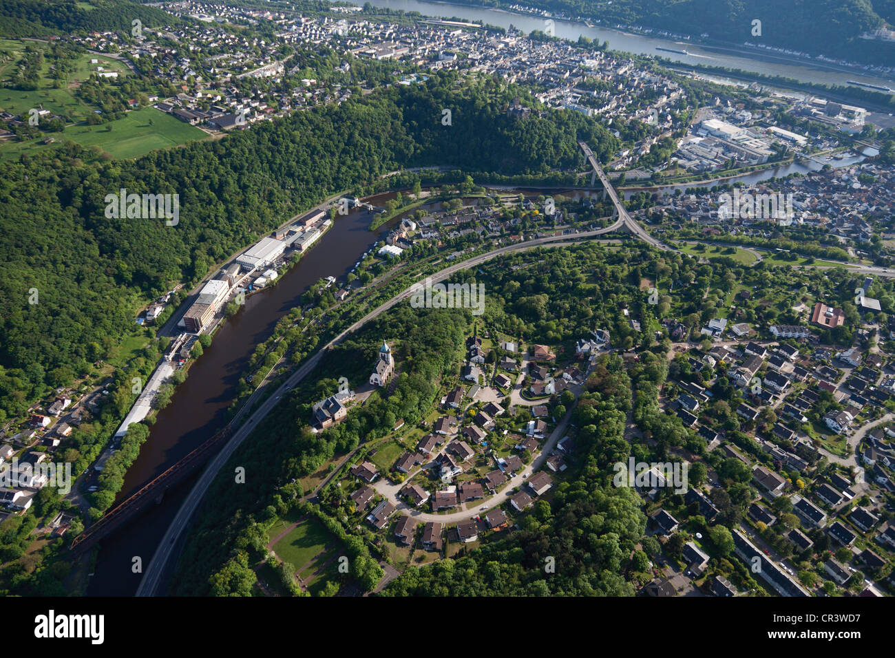 Aerial view, Lahnstein on the Lahn River, with All Saints' Chapel ...