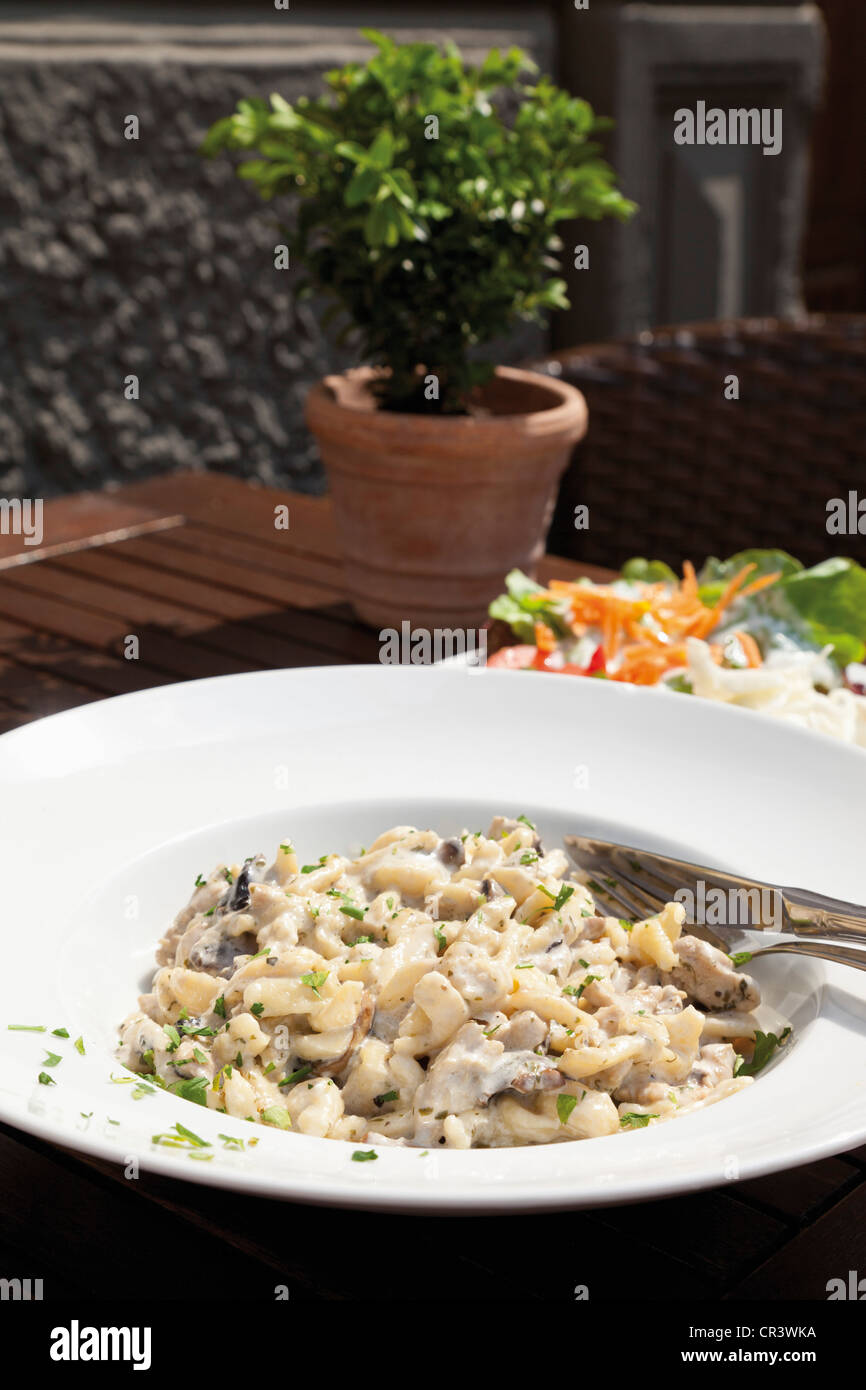 Spaetzle Swabian egg noodles with mushrooms and turkey strips in cream ...
