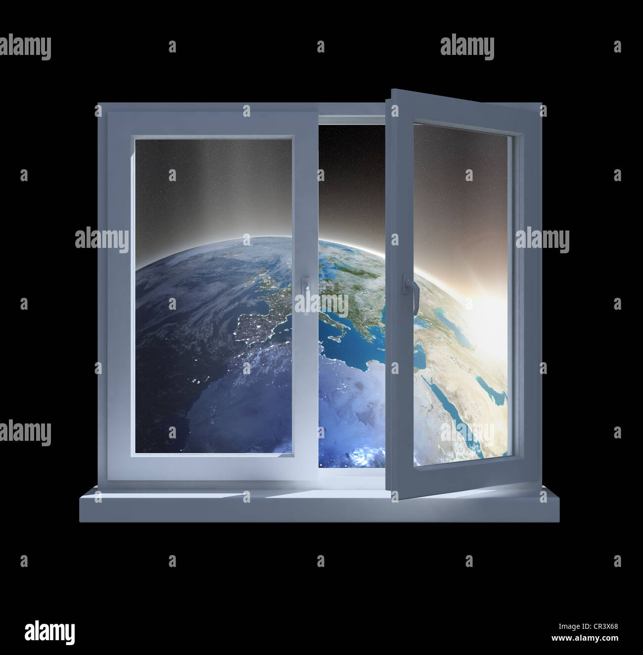 Sunrise over Earth seen from a partially opened window Stock Photo - Alamy