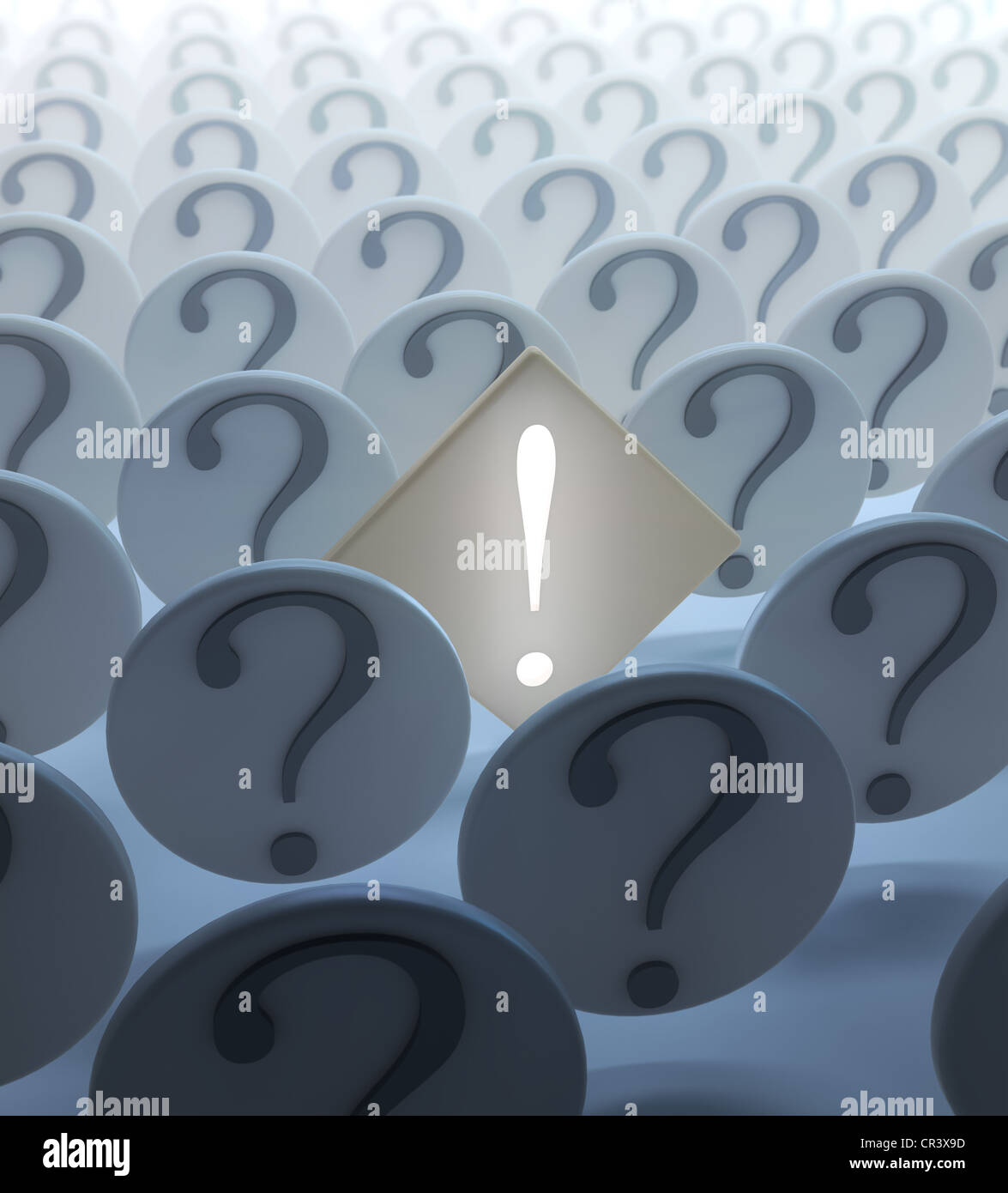 An exclamation mark among question marks Stock Photo - Alamy