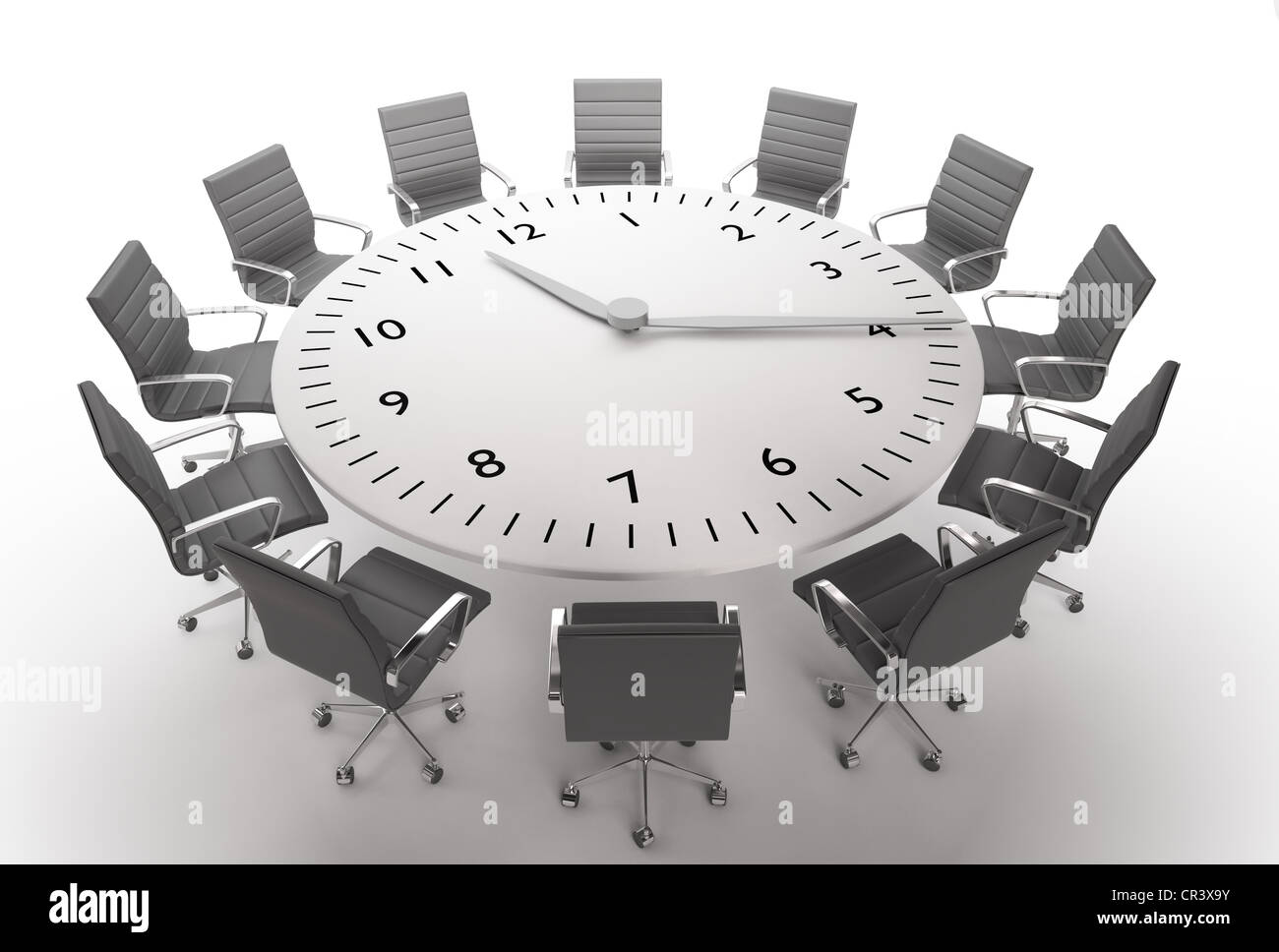 Meeting time - round table with a large clock face Stock Photo - Alamy