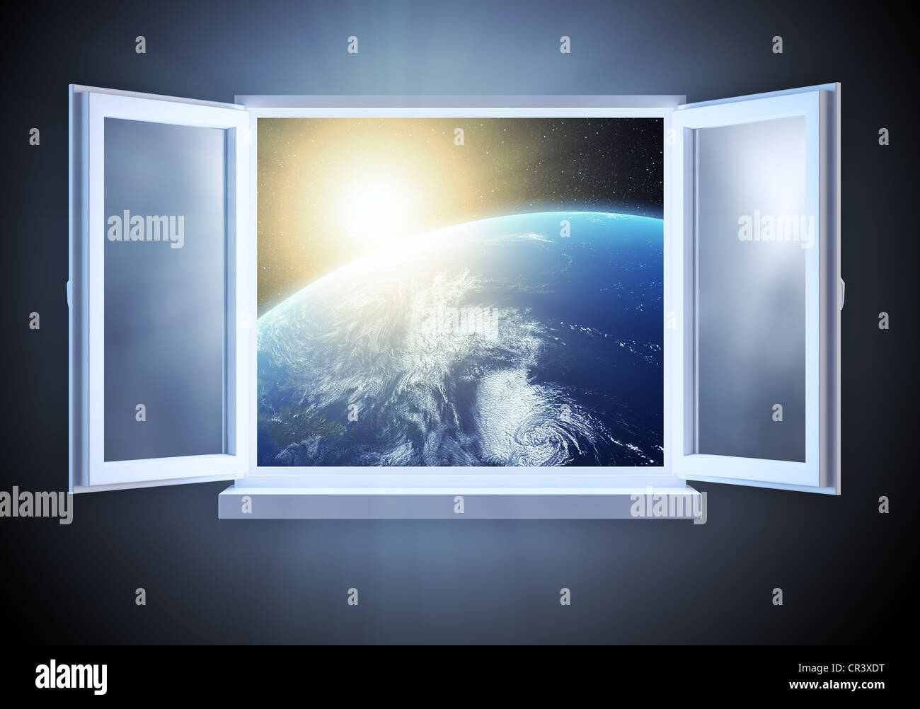 Sunrise over Earth seen from a partially opened window Stock Photo - Alamy
