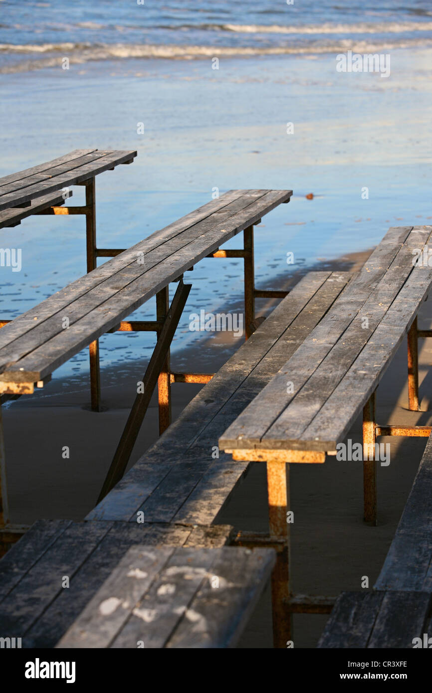 The image of wooden benches on a beach Stock Photo - Alamy