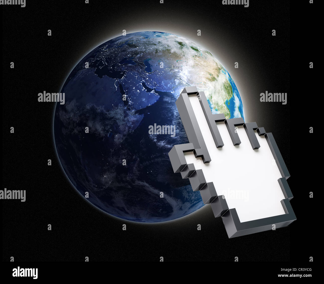 Hand computer cursor pointing at Earth globe Stock Photo - Alamy