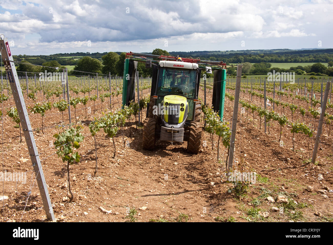 Vineyard tractor with sprayer attached, Hattingley Valley vineyard ...