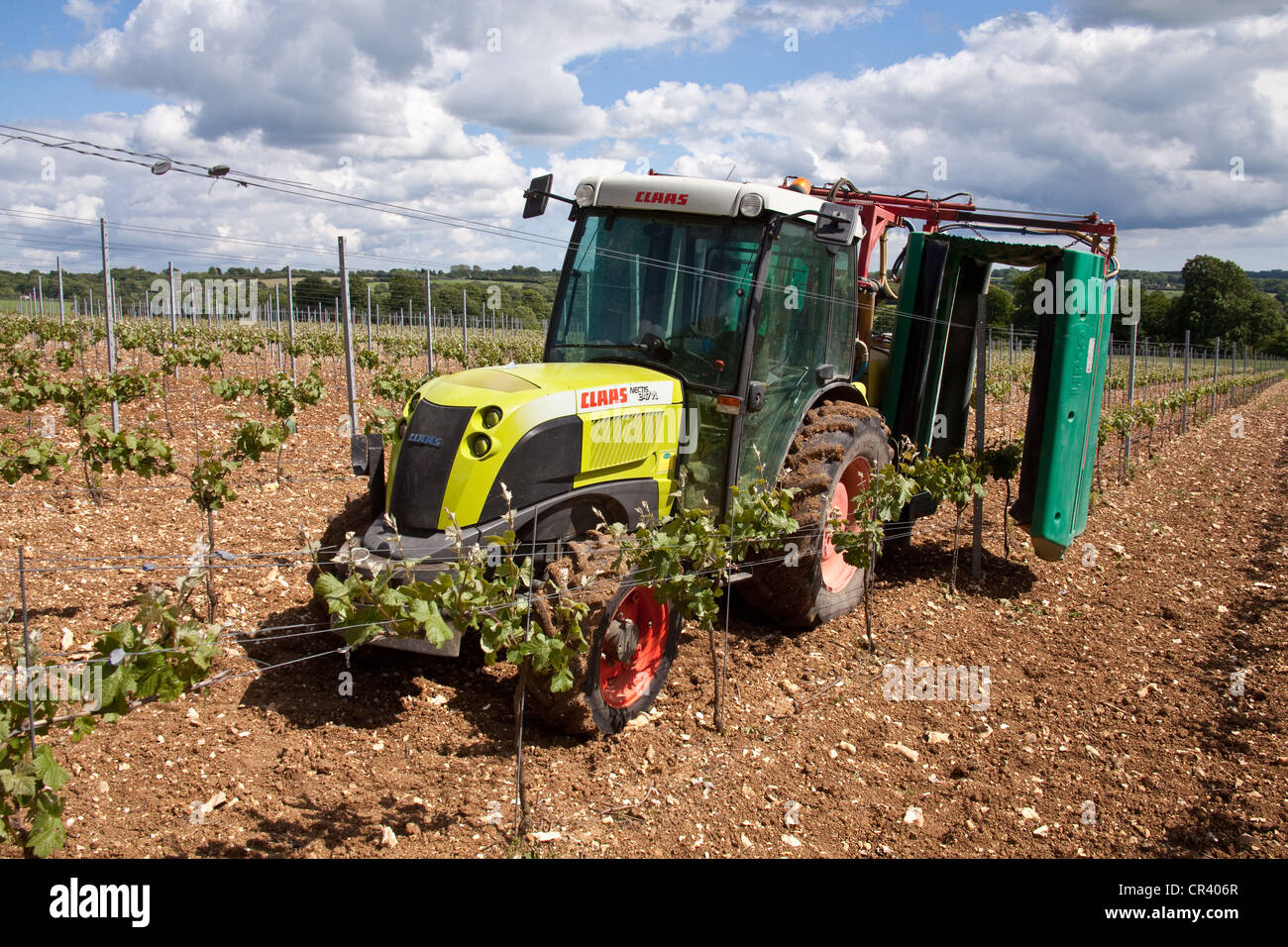Vineyard tractor with sprayer attached, Hattingley Valley vineyard ...