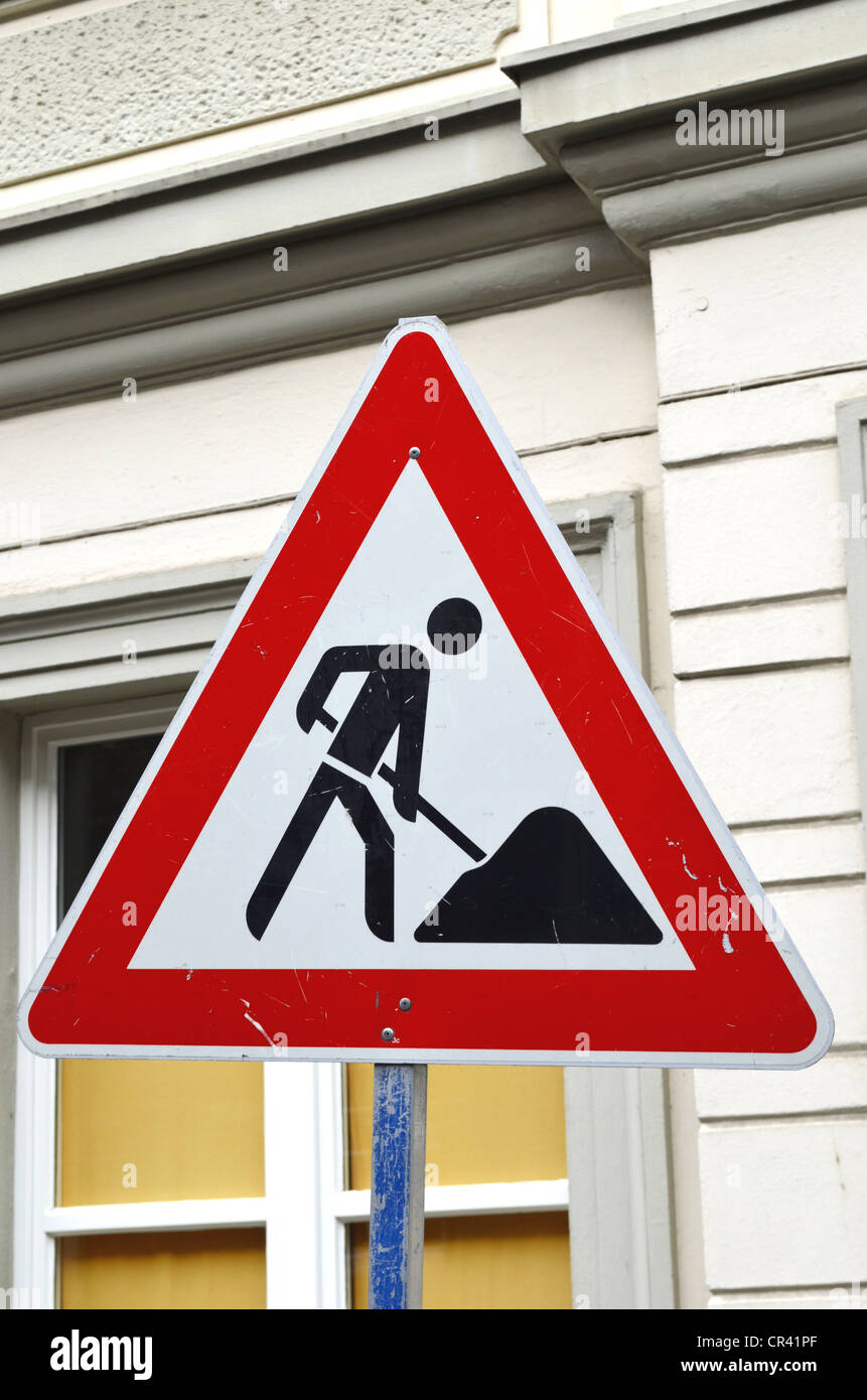 Warning sign for a construction site, historic town centre, Duesseldorf ...