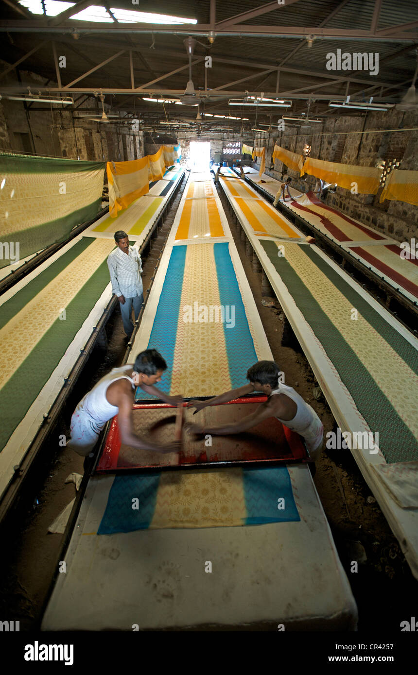 India, Rajasthan State, Jaipur, Sanganer, sari traditional printing ...