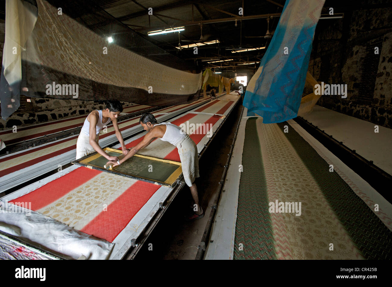 India, Rajasthan State, Jaipur, Sanganer, sari traditional printing ...
