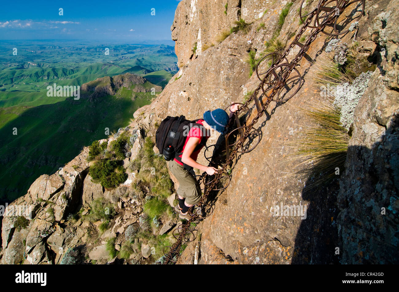Climber on the Sentinel Hiking Trail, Drakensberge mountains, KwaZulu ...
