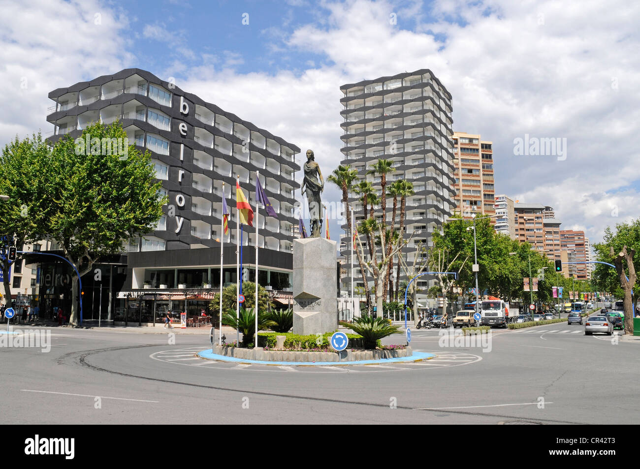 Europe Square, statue, road traffic, Benidorm, Alicante, Spain, Europe ...