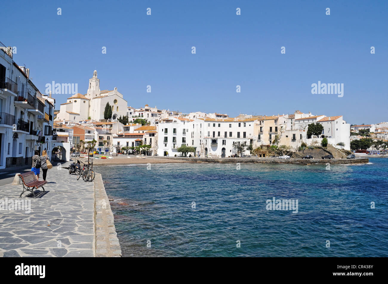 Church and town, coastal town Cadaques, Costa Brava, Catalonia, Spain ...