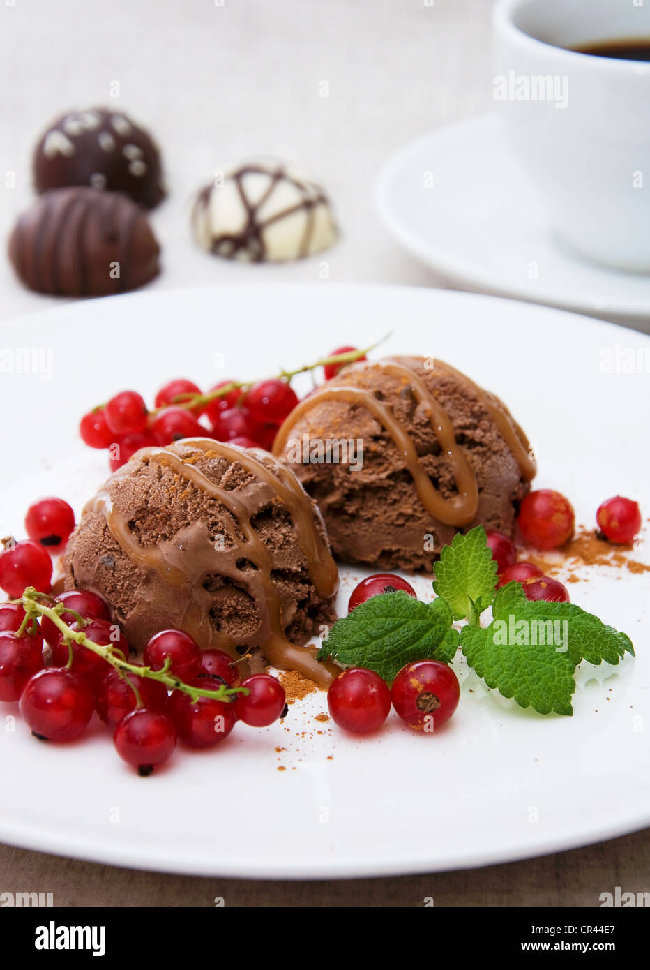chocolate ice cream with red currants and caramel topping Stock Photo ...