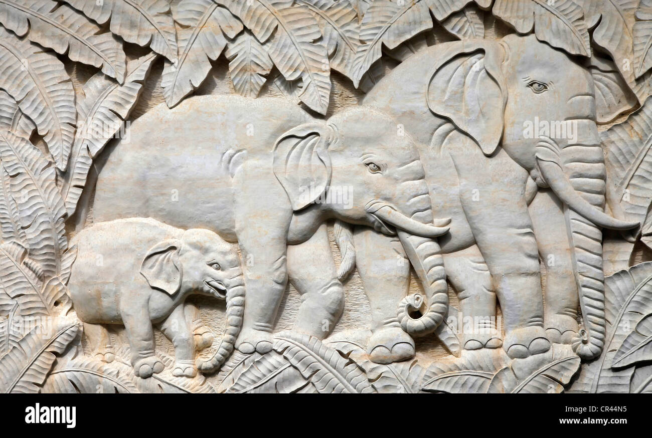 Bas-relief with the image Indian elephants Stock Photo - Alamy