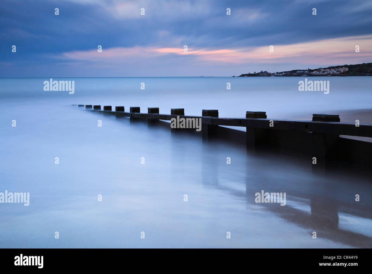 Dusk, Swanage Bay, Dorset, UK looking towards the town from the north ...