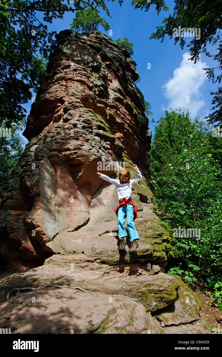 Climbing rocks on Muenz, ruins of Scharfenberg Castle near Annweiler am ...
