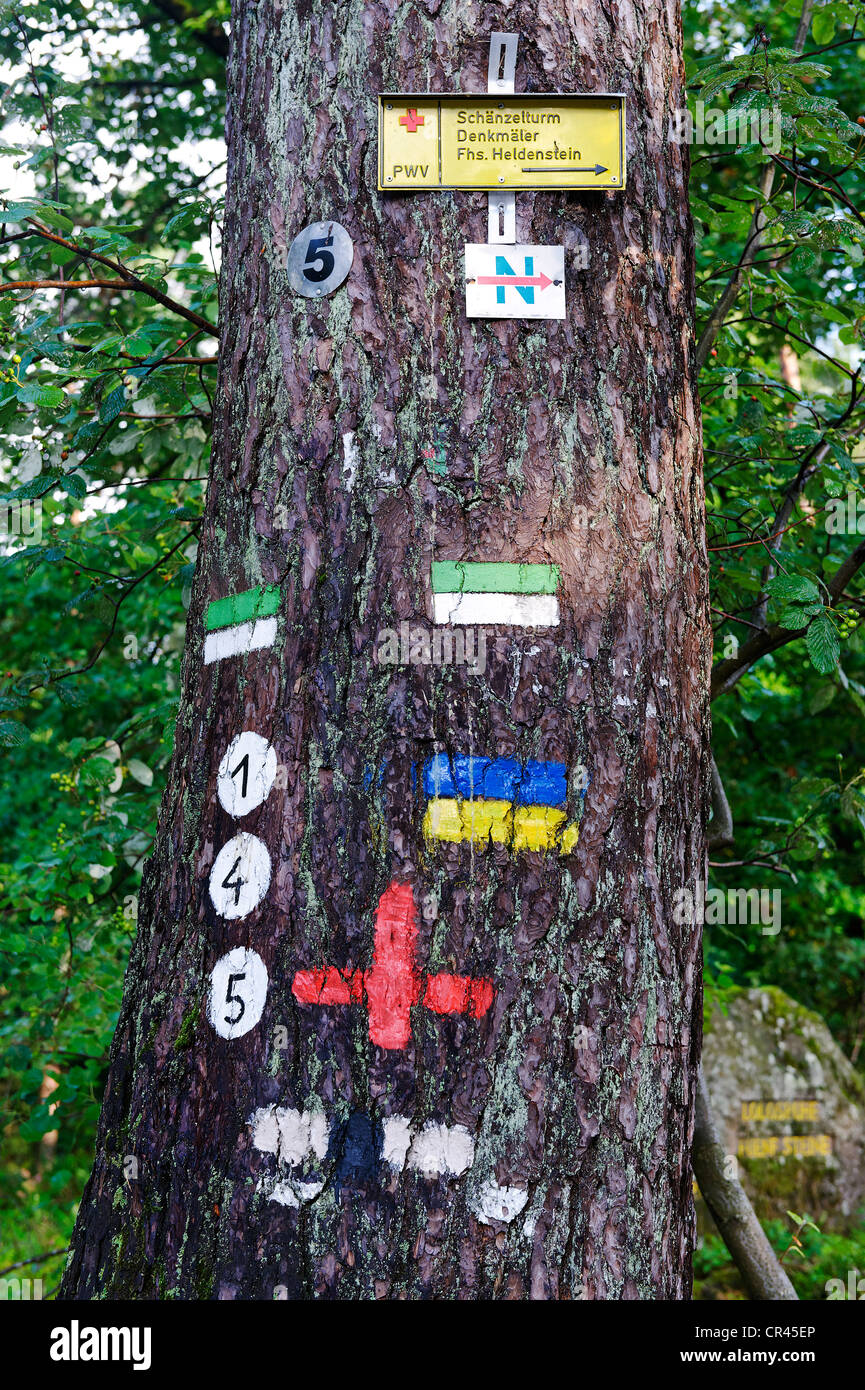 Signposts, signs for hiking trails in the Palatinate Forest Nature Park ...