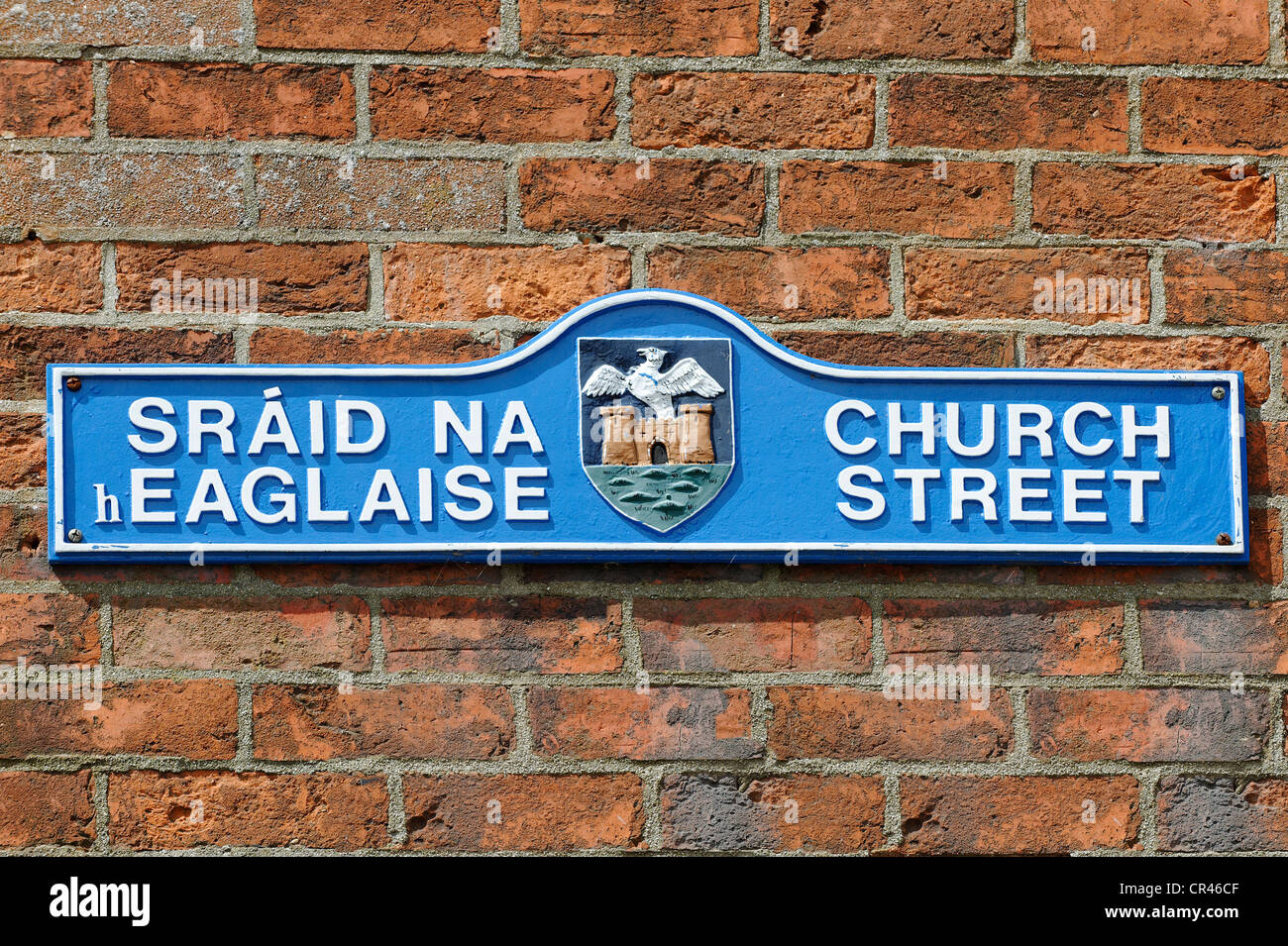 Street sign, bilingual, English, Gaelic, Church Street, Enniscorthy ...