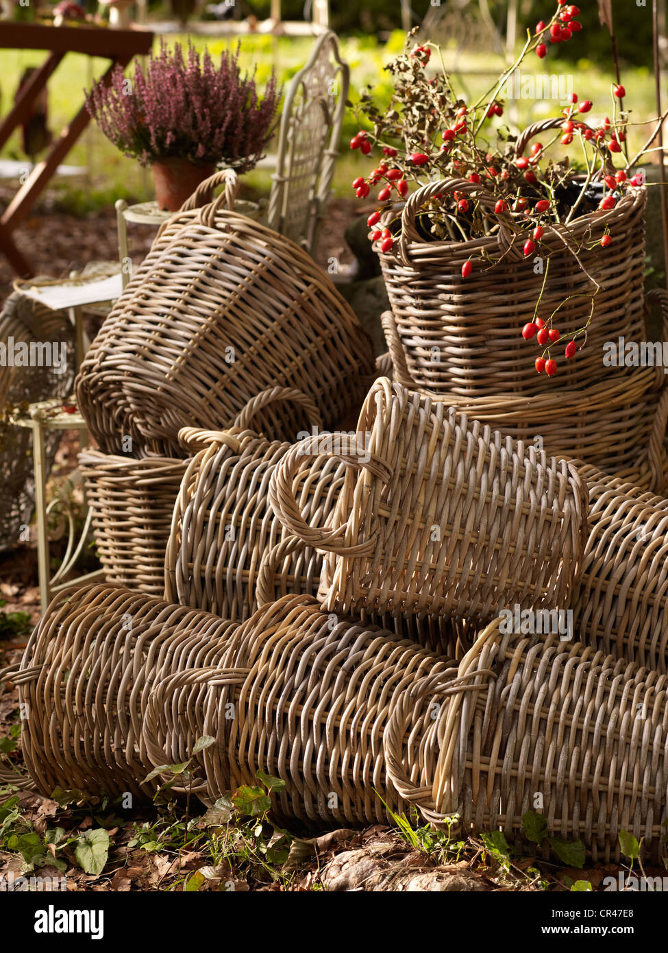 Woven baskets on a craft market at a garden festival at Schloss ...