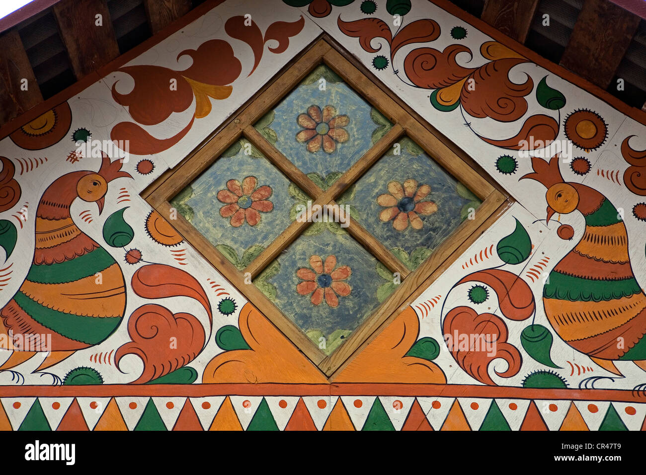 Russia, Svirstroy, decoration of the facade of an Isba (traditional ...