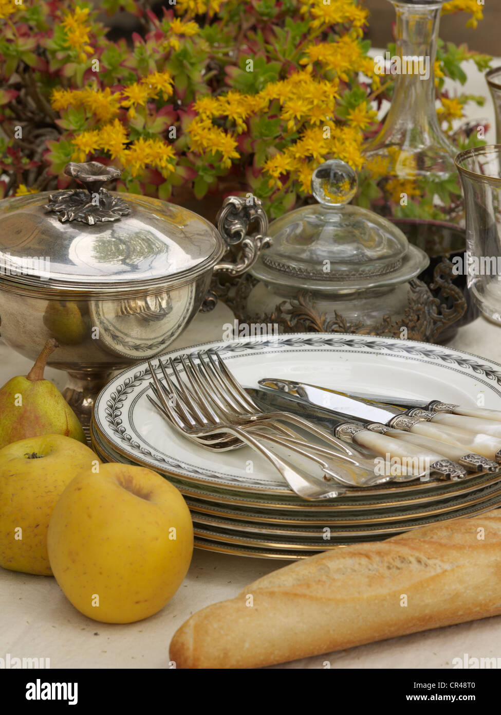 Still life with cutlery and plates in a Mediterranean style, Lourmarin ...