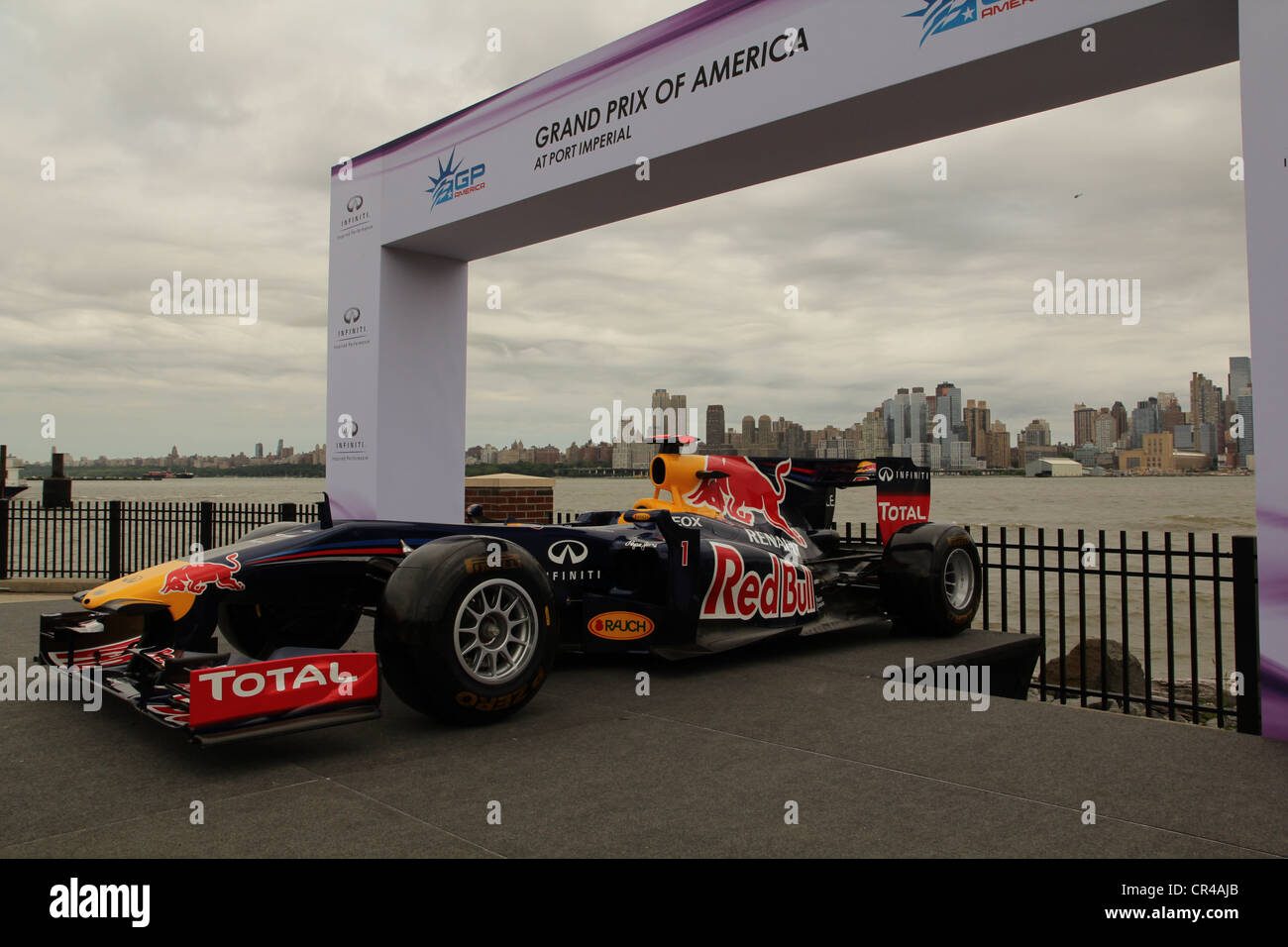 Formula 1 race car with New York skyline in view. Promotion for June ...