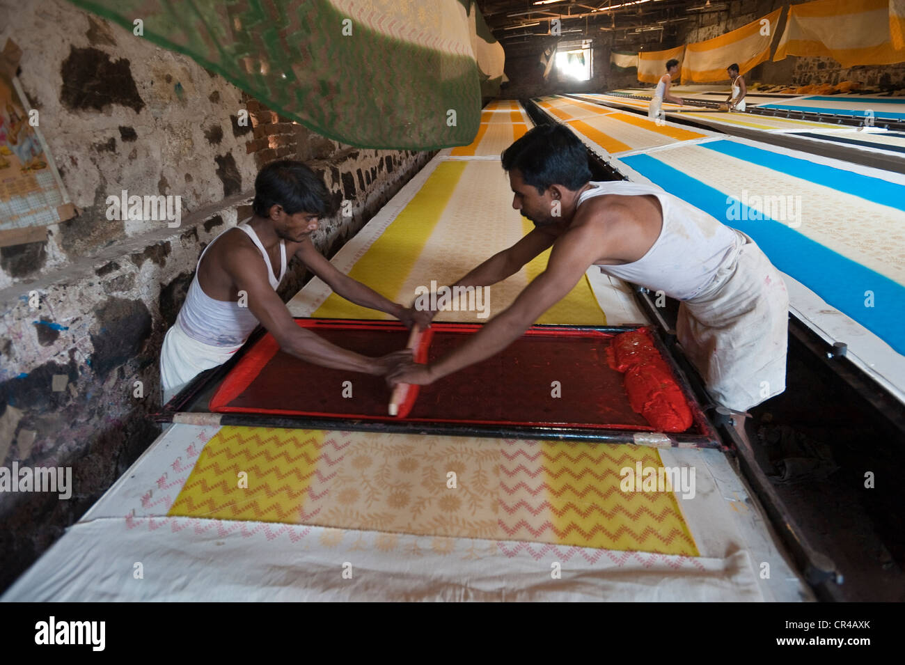 India, Rajasthan State, Jaipur, Sanganer, sari traditional printing ...