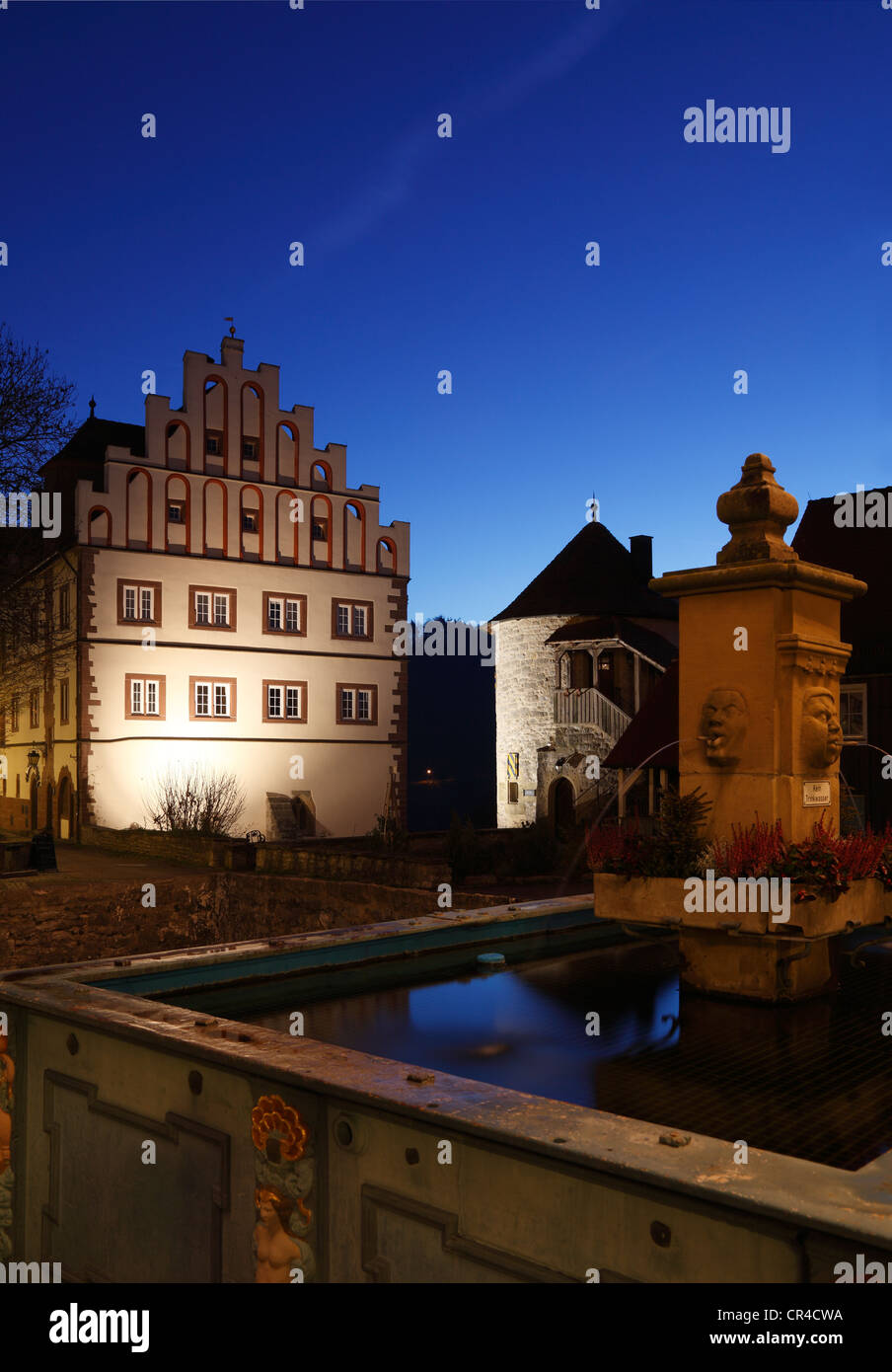 Market fountain in front of Schloss Vellberg Castle, Buehlertal ...