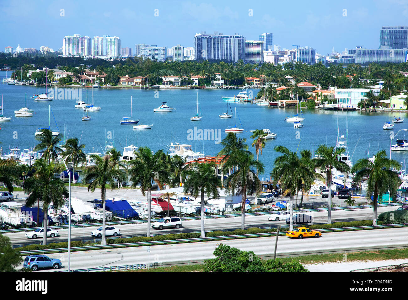 United States, Florida, Miami, Biscayne Bay, Macarthur Causeway and ...
