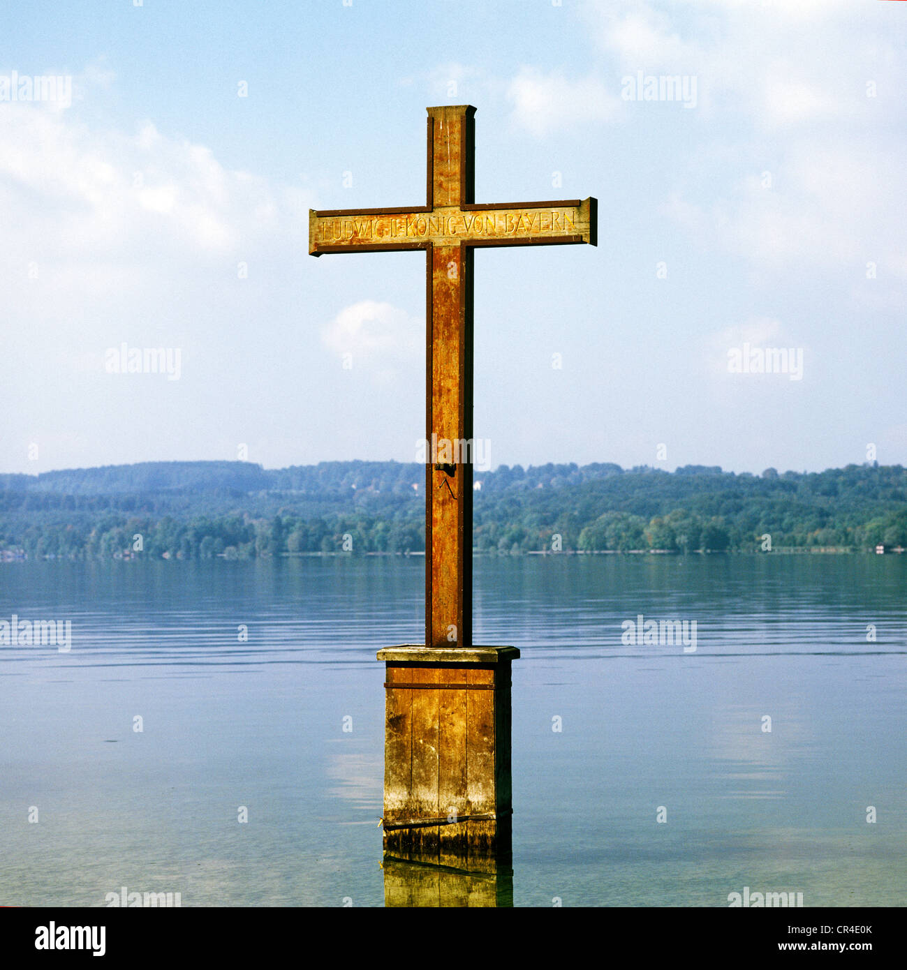 Memorial cross for King Ludwig II of Bavaria at the place of his death ...