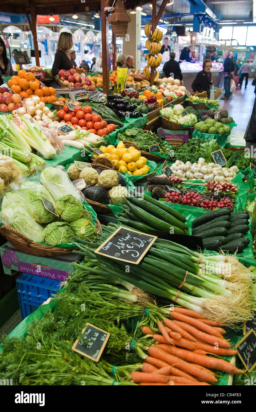 France, Herault, Sete, covered market of the Halles, vegetables stand ...