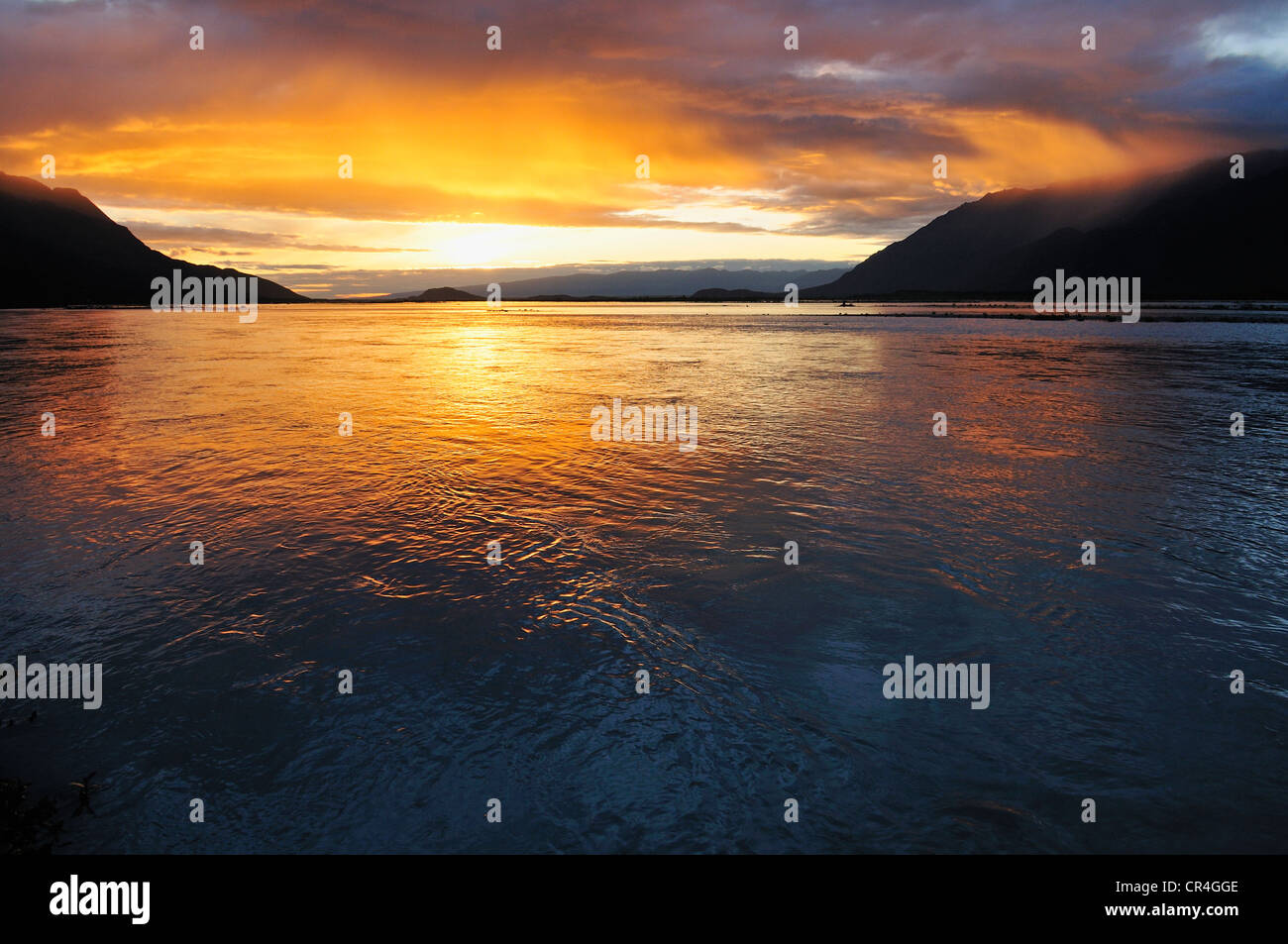 Sunset over Knik River, Chugach Mountains, Alaska, USA, North America ...