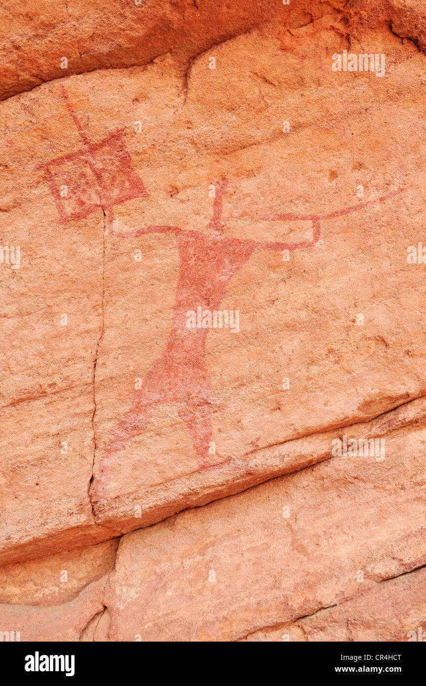 Painted warrior, neolithic rockart of the Acacus Mountains or Tadrart ...