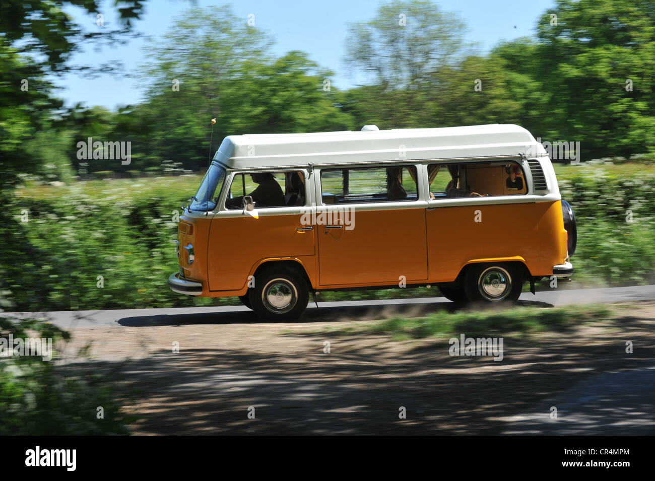 1979 Bay WIndow VW Volkswagen camper van, micro bus driving Stock Photo ...